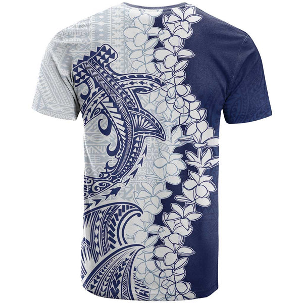 Polynesian Navy Blue Plumeria Lei T Shirt with Hammerhead Shark LT7