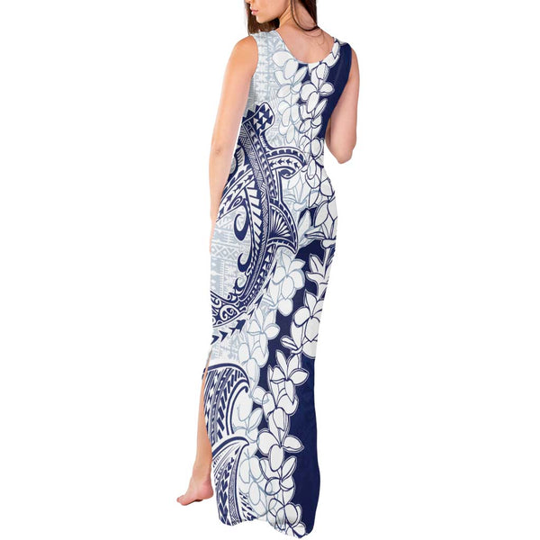 Polynesian Navy Blue Plumeria Lei Tank Maxi Dress with Hammerhead Shark LT7