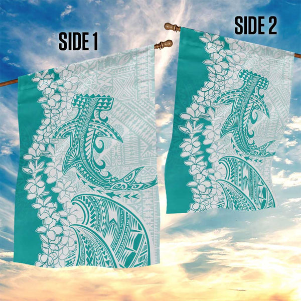 Polynesian Teal Plumeria Lei Garden Flag with Hammerhead Shark LT7