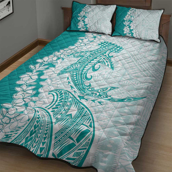 Polynesian Teal Plumeria Lei Quilt Bed Set with Hammerhead Shark LT7
