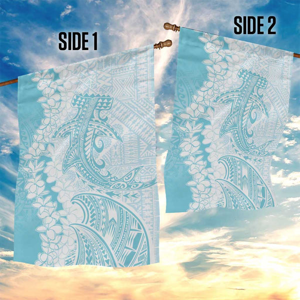 Polynesian Turquoise Plumeria Lei Garden Flag with Hammerhead Shark LT7