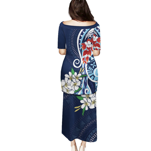 Bula Fiji Tagimaucia Mix Plumeria Masi Tapa Puletasi Blue LT7