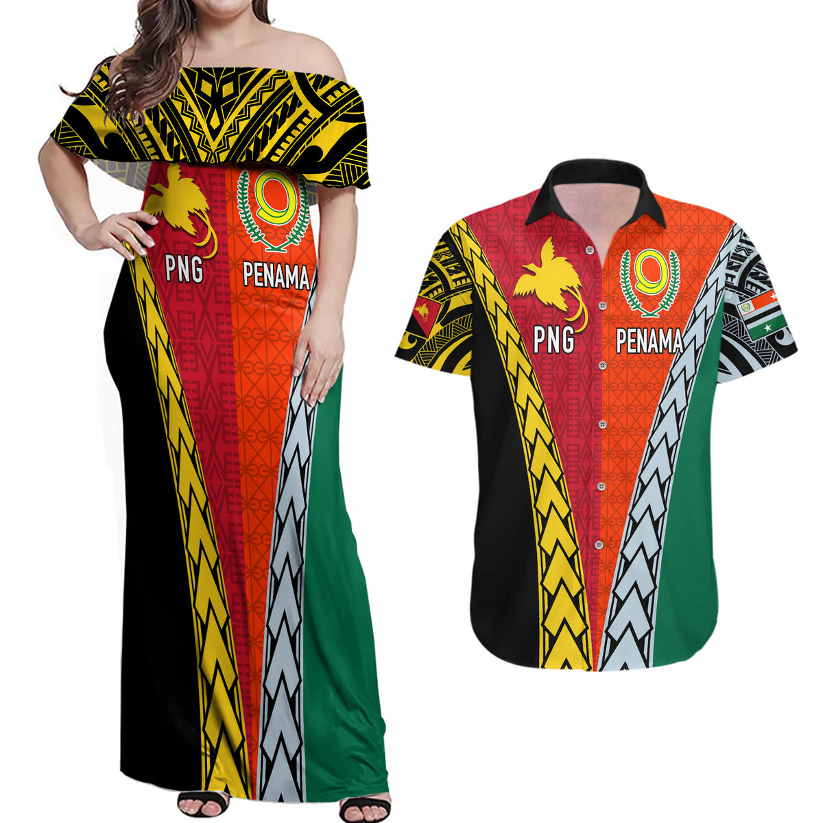 Personalised Papua New Guinea Mix Penama Couples Matching Off Shoulder