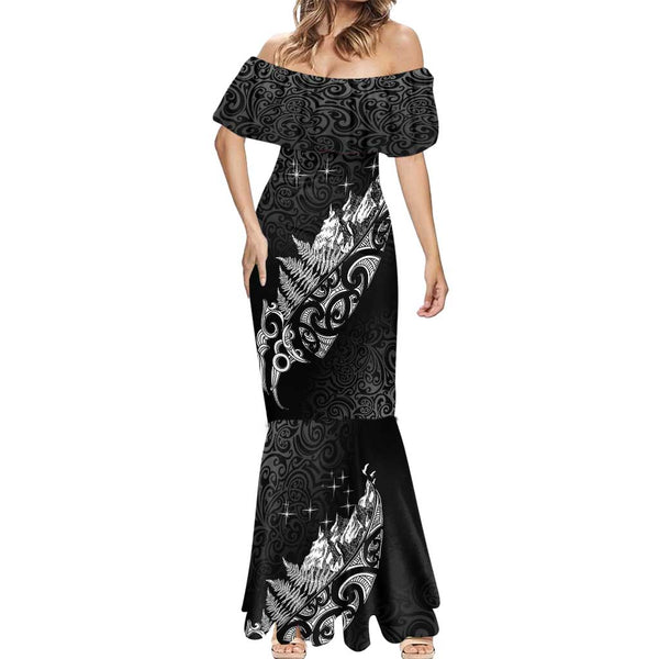 Maori Matariki Mermaid Dress Landscape Styled Fern - Monochrome LT7