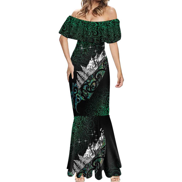 Maori Matariki Mermaid Dress Landscape Styled Fern - Paua Shell LT7