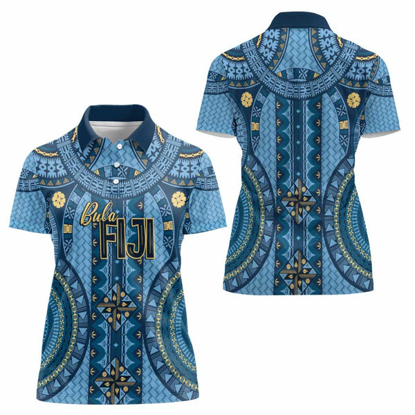 Bula Fiji Vintage Women Polo Shirt Prussian Blue Masi Motifs LT7