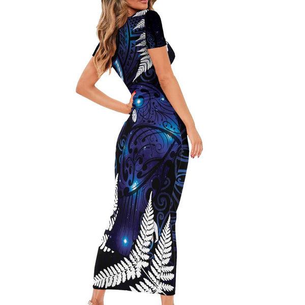 New Zealand Maori Matariki Short Sleeve Bodycon Dress Tui Bird Galaxy LT7