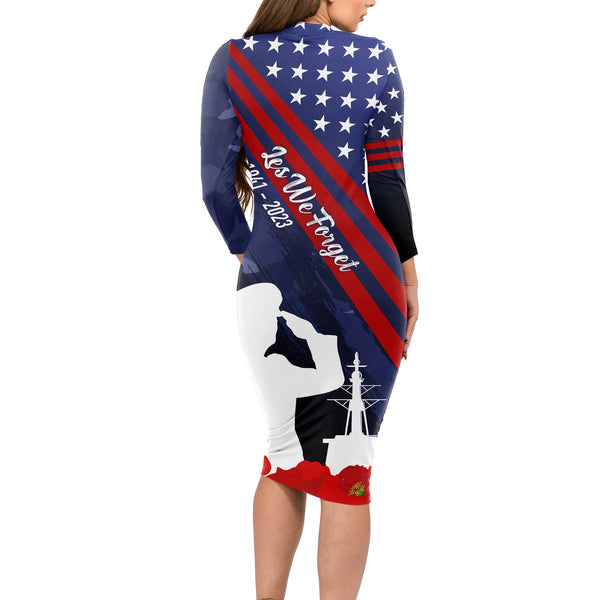 Pearl Harbor Remembrance Day Long Sleeve Bodycon Dress Poppy Mix Style LT7
