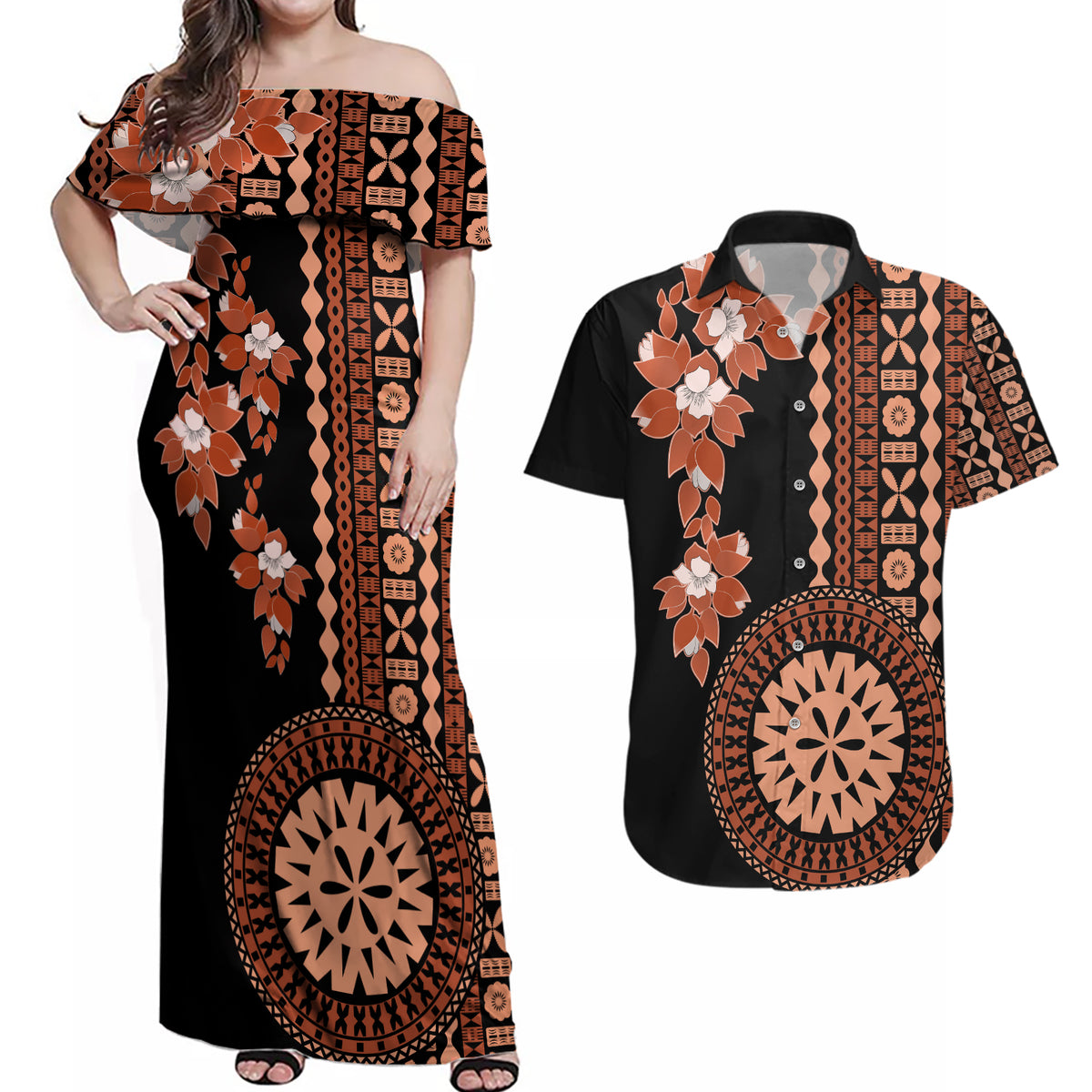 Fiji Tagimoucia Flower With Tapa Tribal Couples Matching Off Shoulder ...