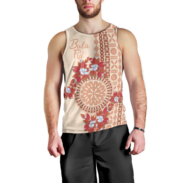 Bula Fiji Tagimoucia Flower Masi Tapa Tribal Men Tank Top Beige Color LT9