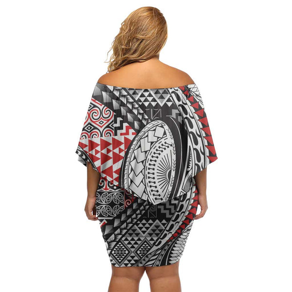 Aotearoa Maori Rugby Tribal Tattoo Off Shoulder Short Dress Kowhaiwhai ...