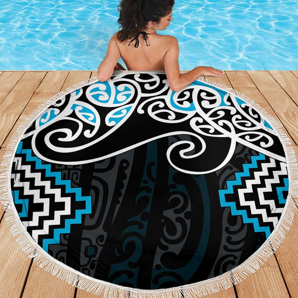 Blue Aotearoa Tukutuku Manawa Tapu Beach Blanket Ta Moko Toi Maori LT9