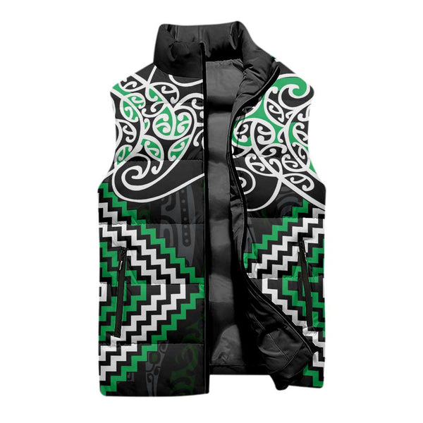 Green Aotearoa Tukutuku Manawa Tapu Sleeveless Puffer Jacket Ta Moko ...