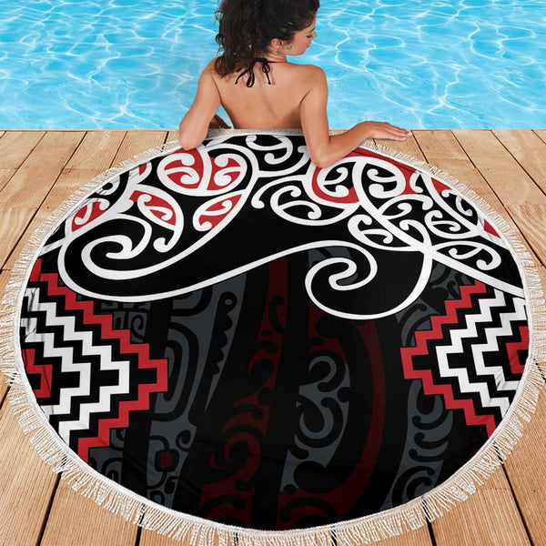 Red Aotearoa Tukutuku Manawa Tapu Beach Blanket Ta Moko Toi Maori LT9