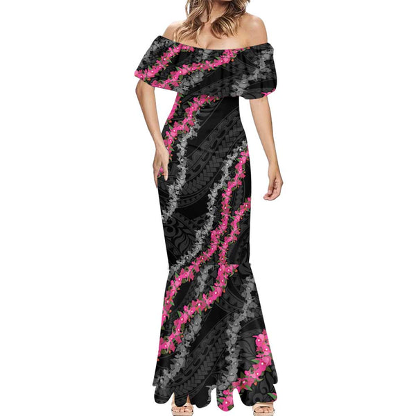 Guam Bougainvillea Lei Mermaid Dress Chamorro Tribal Pattern LT9