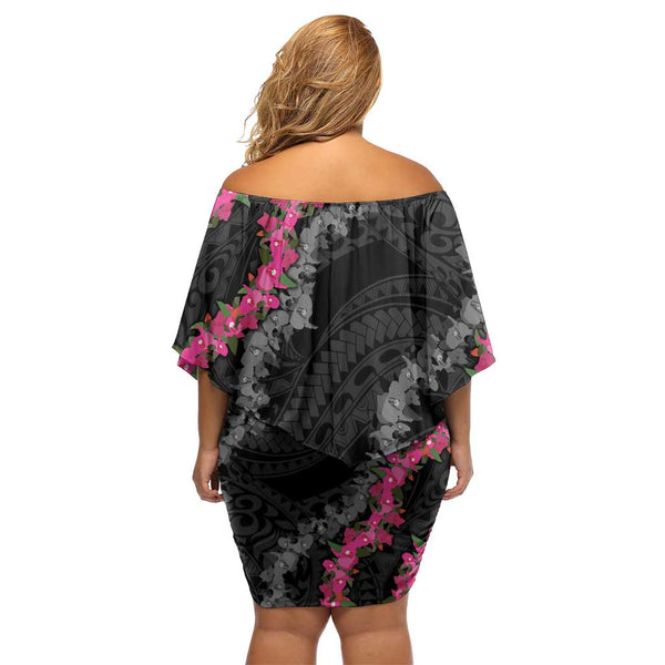 Guam Bougainvillea Lei Off Shoulder Short Dress Chamorro Tribal Pattern LT9