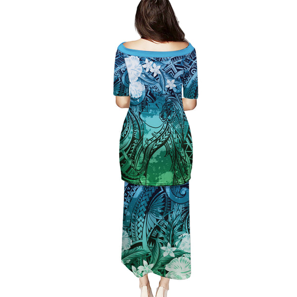Pacific Beauty Girl Puletasi Blue Polyneisan Tribal Vintage Motif LT9