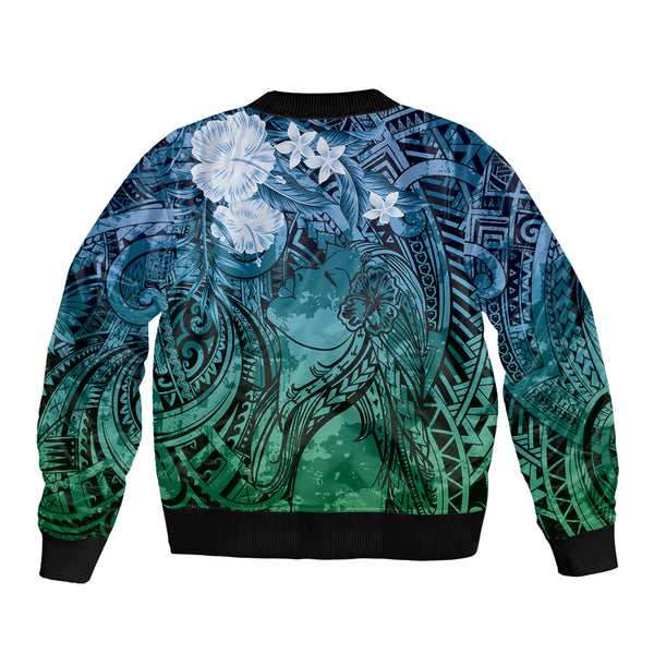 Pacific Beauty Girl Sleeve Zip Bomber Jacket Blue Polyneisan Tribal ...