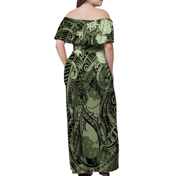 Pacific Beauty Girl Off Shoulder Maxi Dress Green Polyneisan Tribal ...