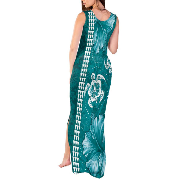 Teal Hibiscus Turle Tank Maxi Dress Hawaiian Style Tribal Tapa Pattern LT9