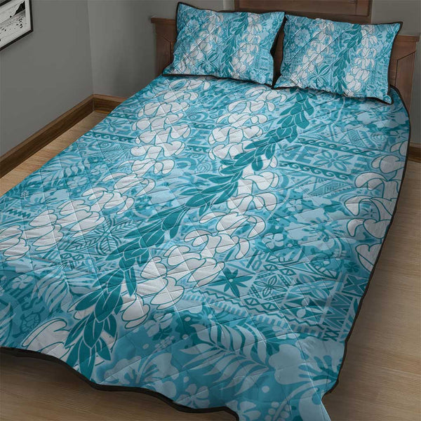 Blue Puakenikeni and Maile Lei Quilt Bed Set Hawaiian Style Tribal Tapa ...