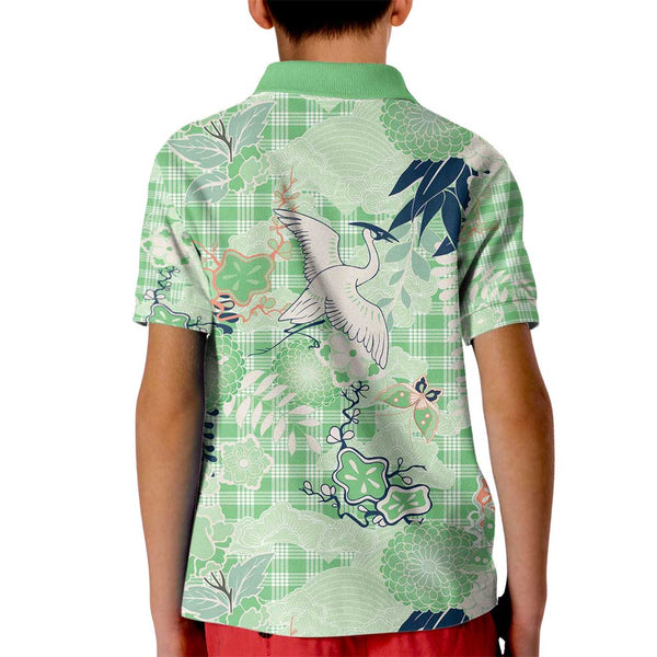 Green Palaka Crane and Flowers Kid Polo Shirt Japan Heritage Spirit LT9