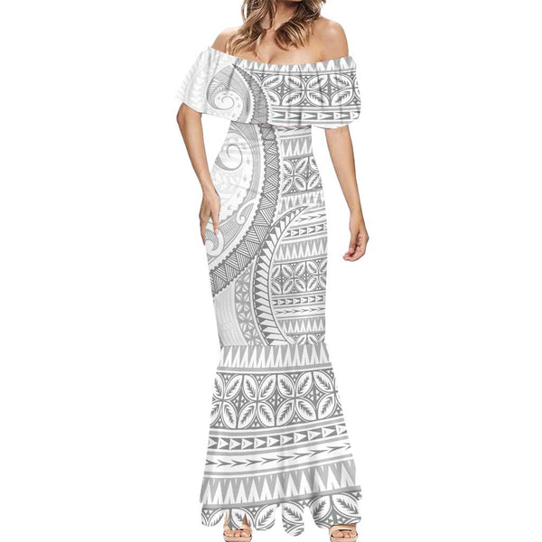 Polynesian White Sunday Mermaid Dress Lotu Tamaiti Melanesian Pattern LT9