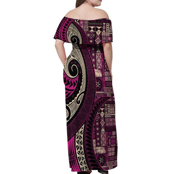 Vintage Samoa Siapo Mamanu Off Shoulder Maxi Dress Pink Samoan Tapa ...