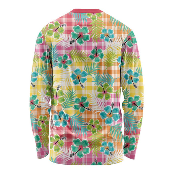 Hawaiian Palaka Long Sleeve Shirt Hibiscus Palm Leaf Pattern LT9