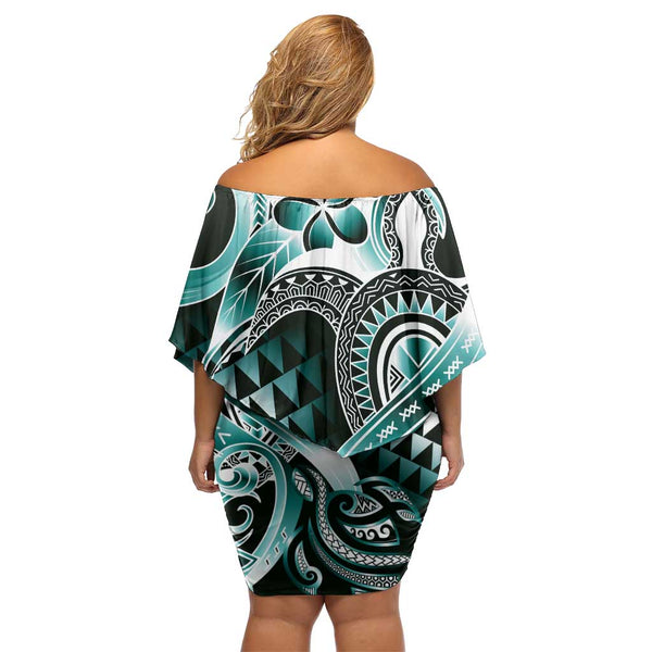 Aloha Turquoise Tribal Honu Tattoo Off Shoulder Short Dress LT9