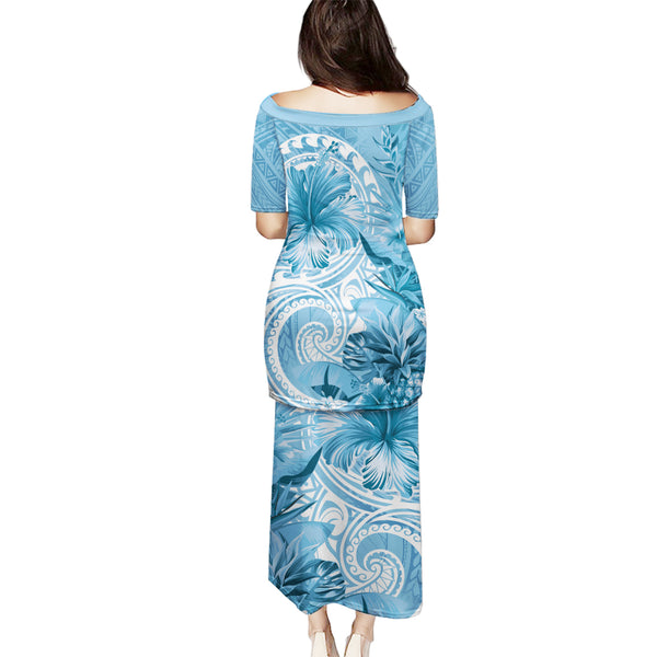 Polynesian Hibiscus Flower Tribal Puletasi Blue Color LT9