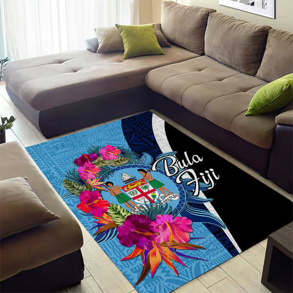 Bula Fiji Vintage Fijian Masi Pattern Area Rug Blue Unique LT9
