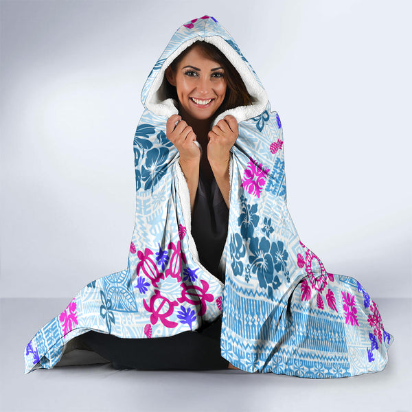 Hawaii Tapa Tribal Hooded Blanket With Hawaiian Quilt Pattern Blue LT9