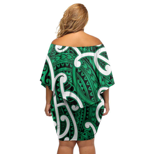 Aotearoa Maori Kowhaiwhai Off Shoulder Short Dress Kakariki Puhoro and ...