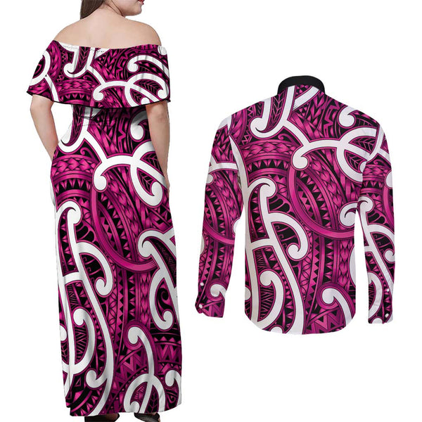 Aotearoa Maori Kowhaiwhai Couples Matching Off Shoulder Maxi Dress and ...