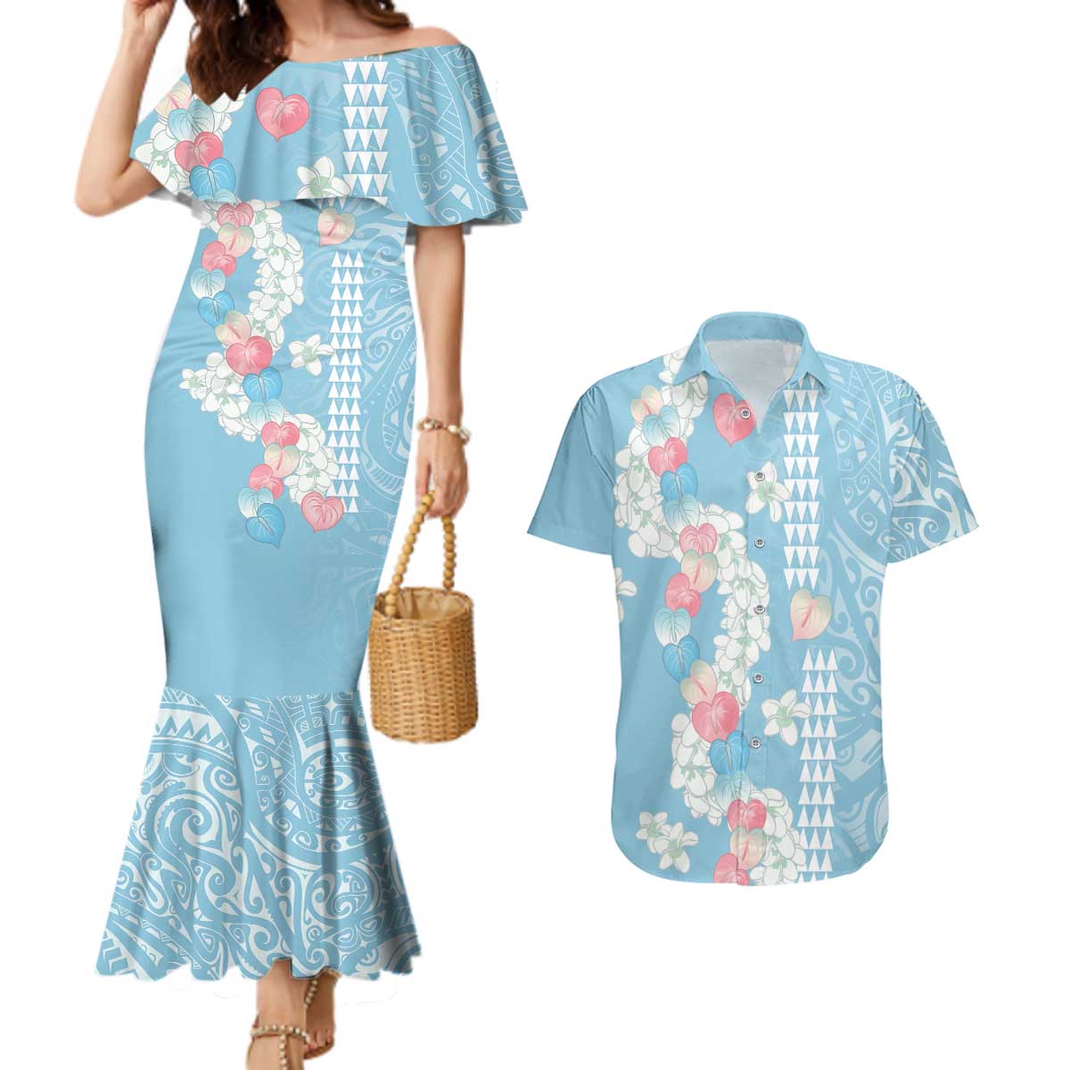 Blue Hawaii Anthurium Plumeria Lei Couples Matching Mermaid Dress and ...