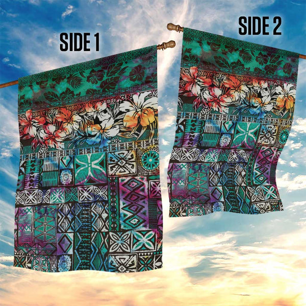 Pacific Hibiscus Tapa Tribal Vintage Garden Flag Turquoise Motif LT9