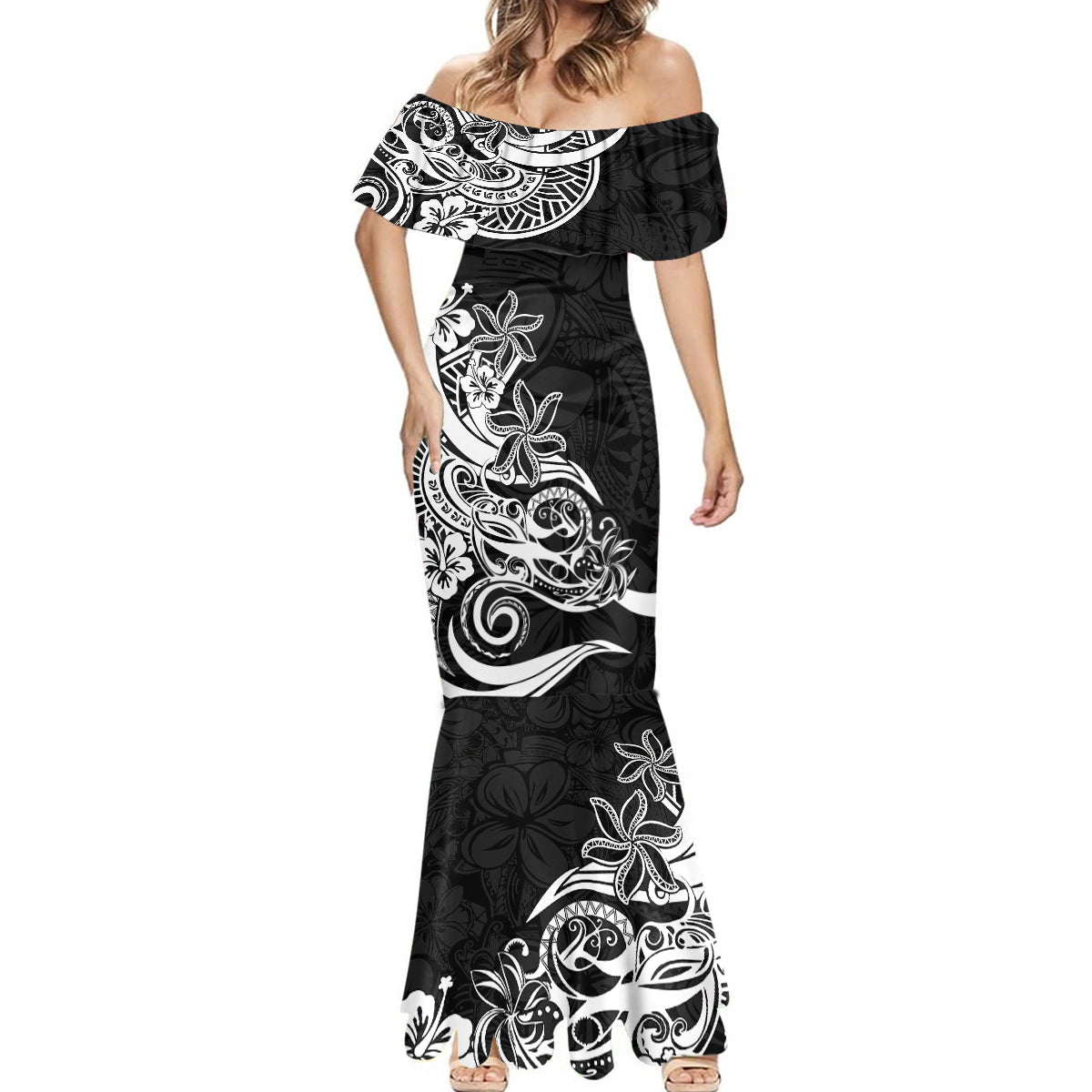 Polynesian Sunset Plumeria Mermaid Dress Pacific Island Tribal Black ...