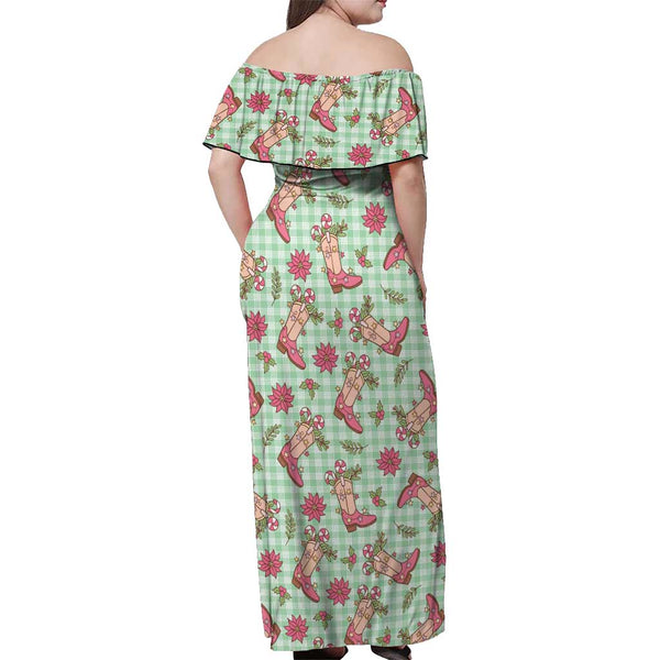 Green Paniolo Palaka Hawaiian Cowgirl Christmas Off Shoulder Maxi Dress LT9