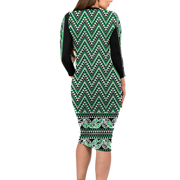 New Zealand Maori Niho Taniwha Long Sleeve Bodycon Dress Kakariki ...