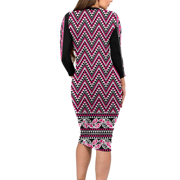 New Zealand Maori Niho Taniwha Long Sleeve Bodycon Dress Mawhero ...