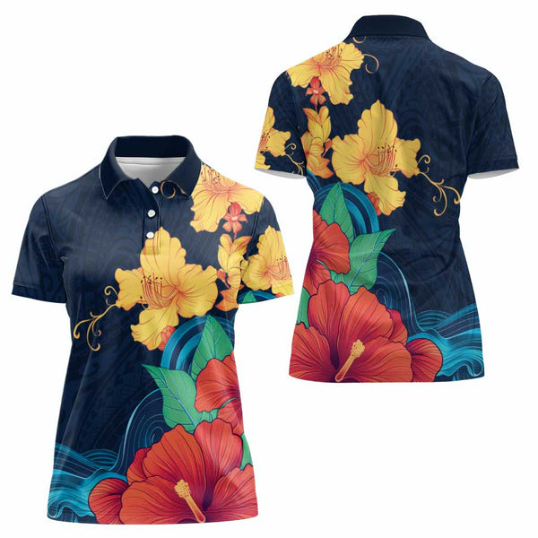 Polynesian Hibiscus Flower Waves Pattern Women Polo Shirt LT9