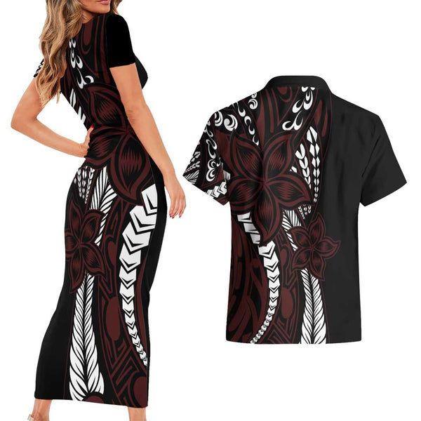 Polynesian Plumeria Floral Tattoo Pattern Couples Matching Short Sleeve Bodycon Dress and ...
