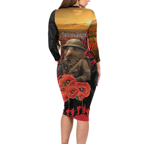 Maori Kiwi Soldier Fern Tattoo ANZAC Day Long Sleeve Bodycon Dress Lest ...