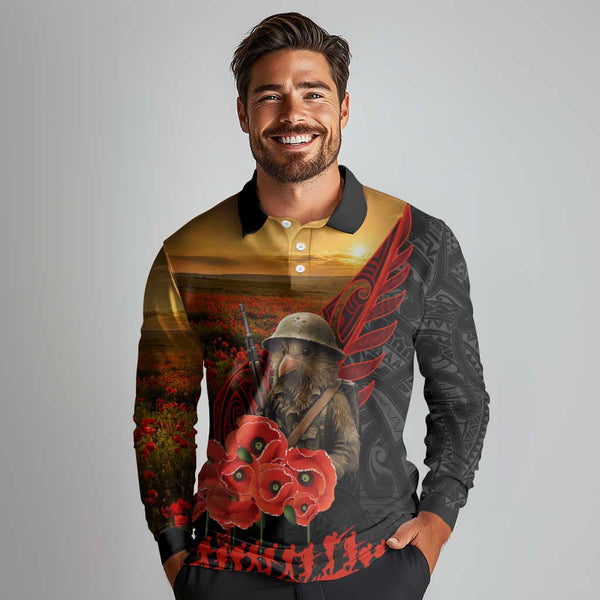 Maori Kiwi Soldier Fern Tattoo ANZAC Day Long Sleeve Polo Shirt Lest We ...