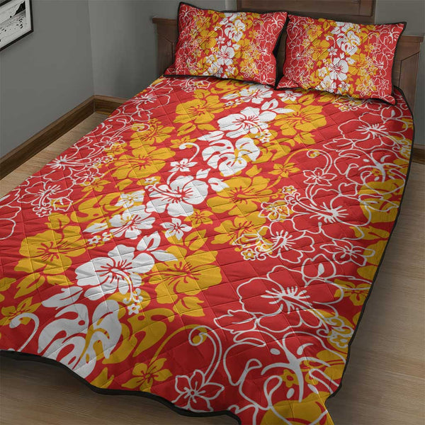 Hawaiian Lei Day Quilt Bed Set Red Hibiscus Flowers Lei Art LT9