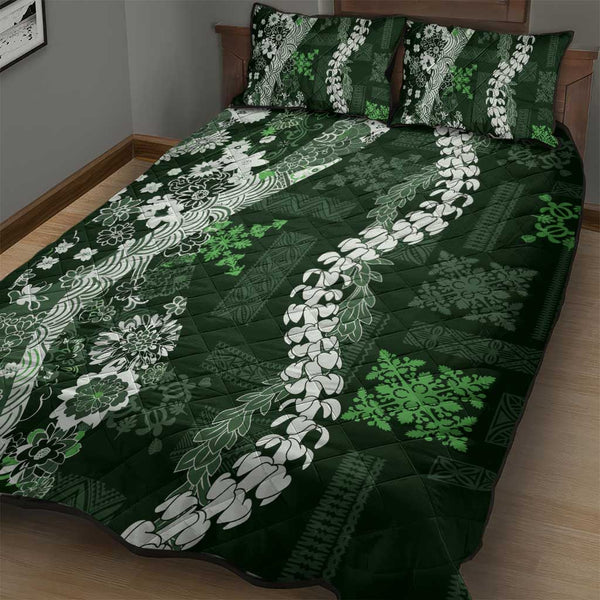 Hawaii Puakenikeni and Maile Lei Quilt Bed Set Green Japanese Wave ...
