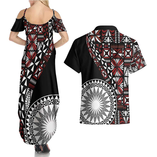 Red Tongan Ngatu Fonulei Pattern Couples Matching Summer Maxi Dress and ...