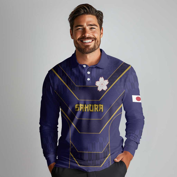 Japan Pacific Rugby 2022-23 Custom Long Sleeve Polo Shirt Blue Sakura ...