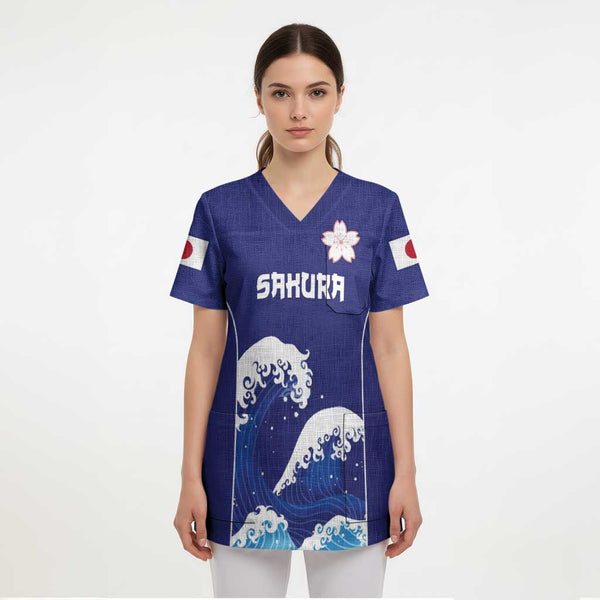 Japan Pacific Rugby Custom Scrub Top Go Sakura Japanese Wave Pattern LT9
